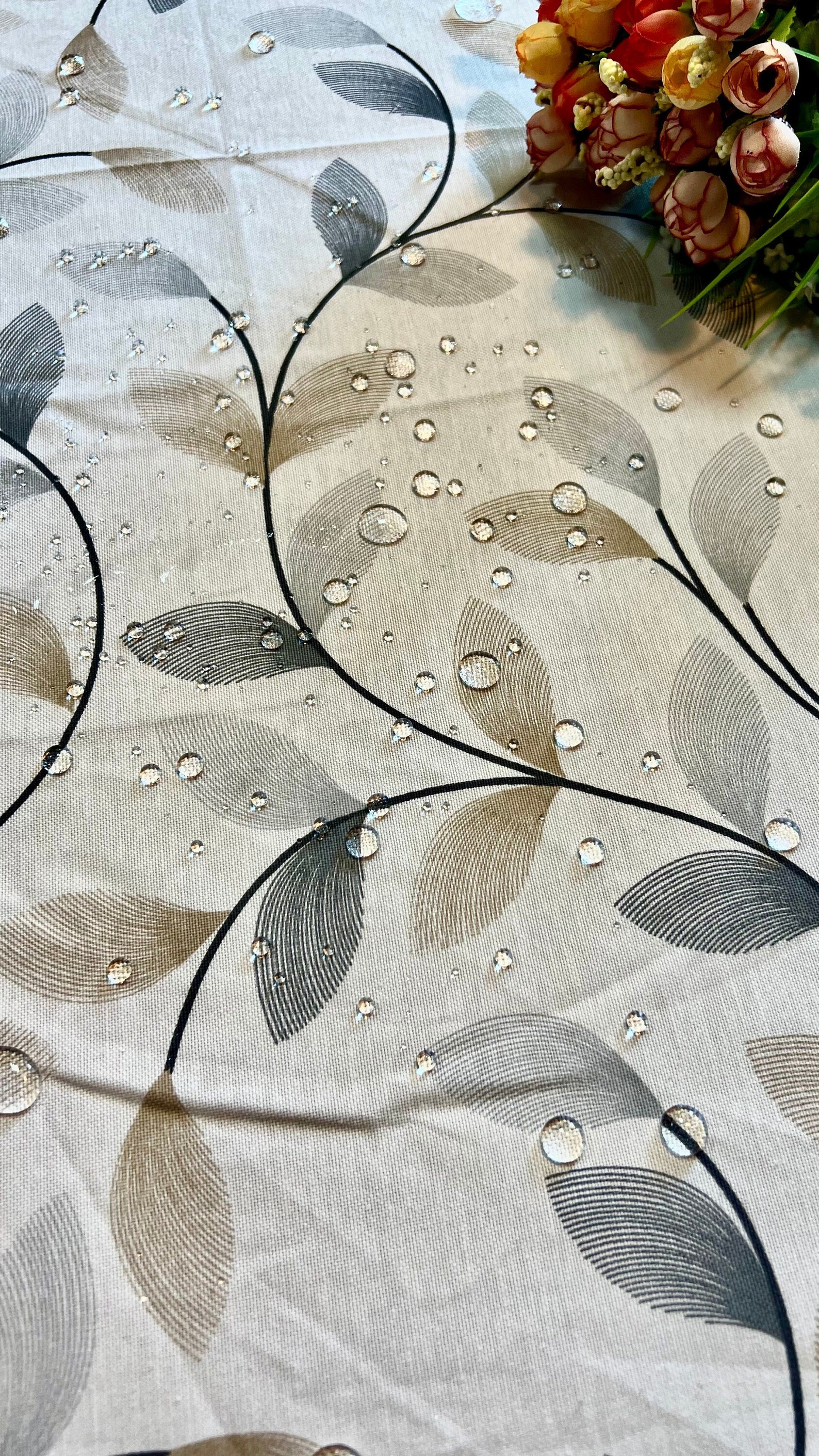 Beige Grey Leaves Tablecloth, Big Waterproof Leaves Tablecloth, Leaves Table Runner, Water ...