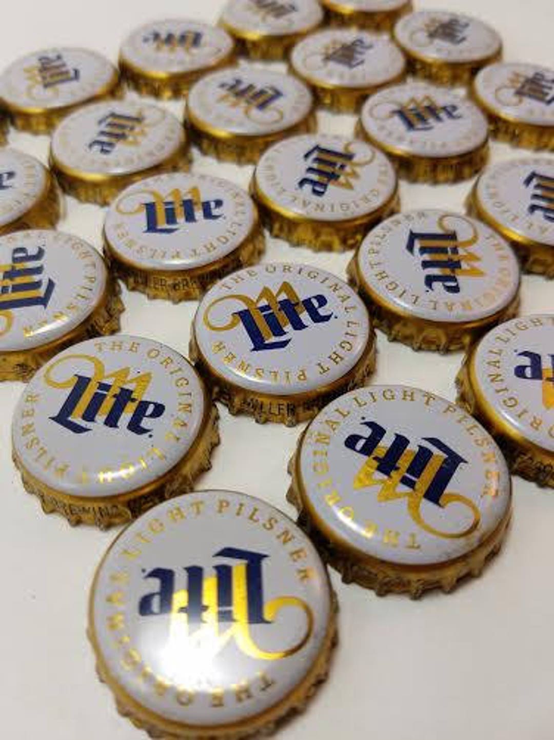 25 Beer Bottle Caps - Miller Lite - White Gold and Blue Caps - Recycled ...