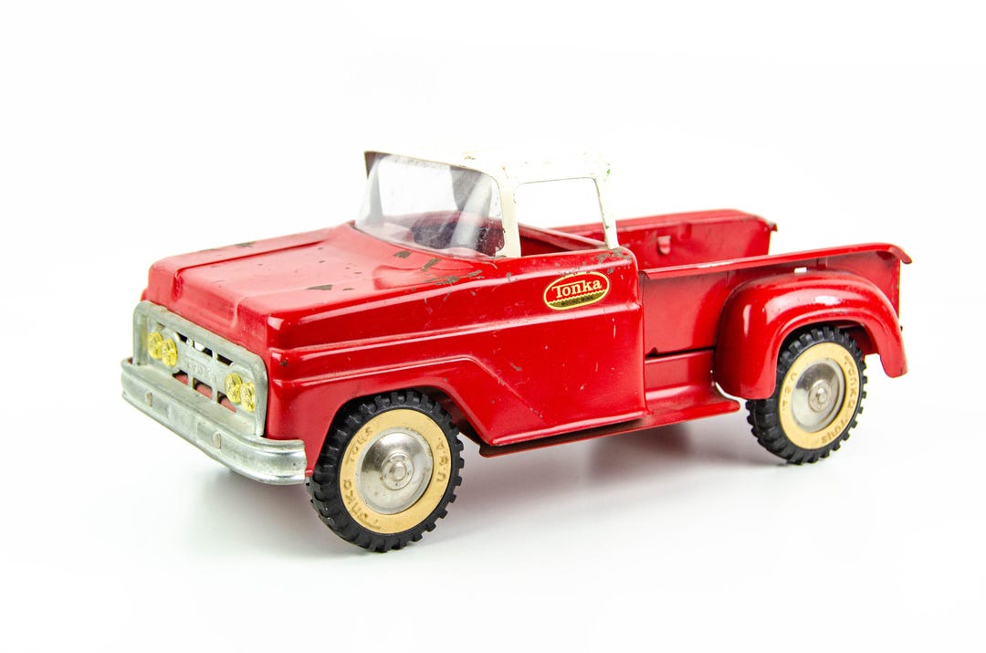 Vintage 1960s Tonka 13" Stepside Pickup Truck Red W/ White Roof Pressed ...