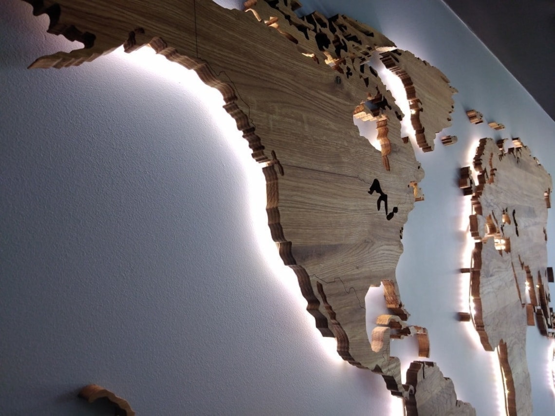 Led Illuminated Wooden World Map Solid Oak With Borders - Etsy