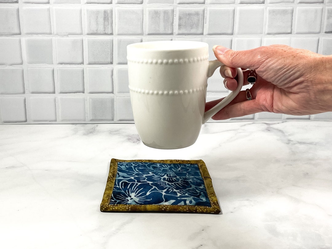Batik Coaster, Blue Mug Rug, Blue Flower Coaster, Bar Cart Decor, Cute ...
