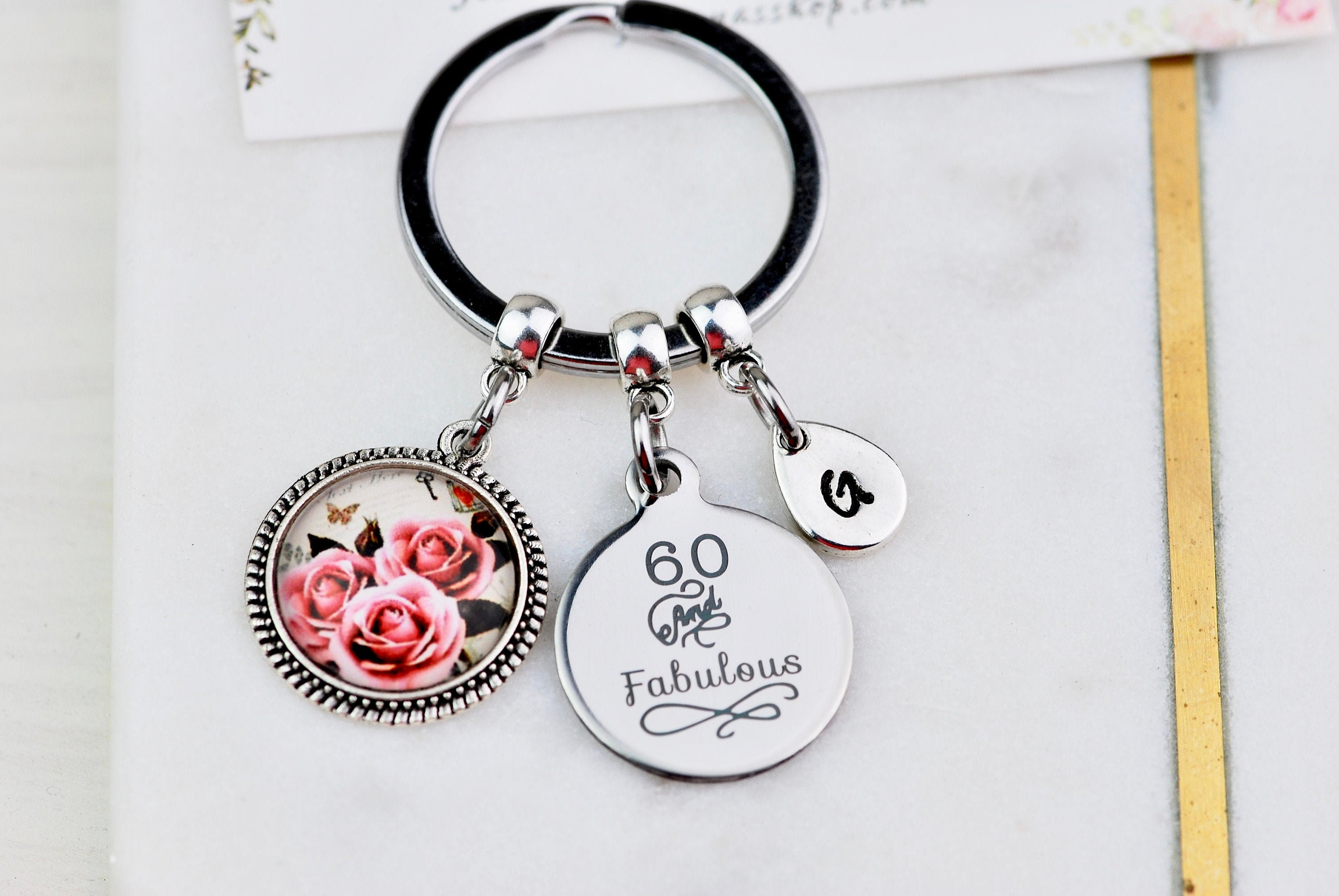 60th Birthday Keychain: Floral Cabochon, Personalized Initial Charm ...