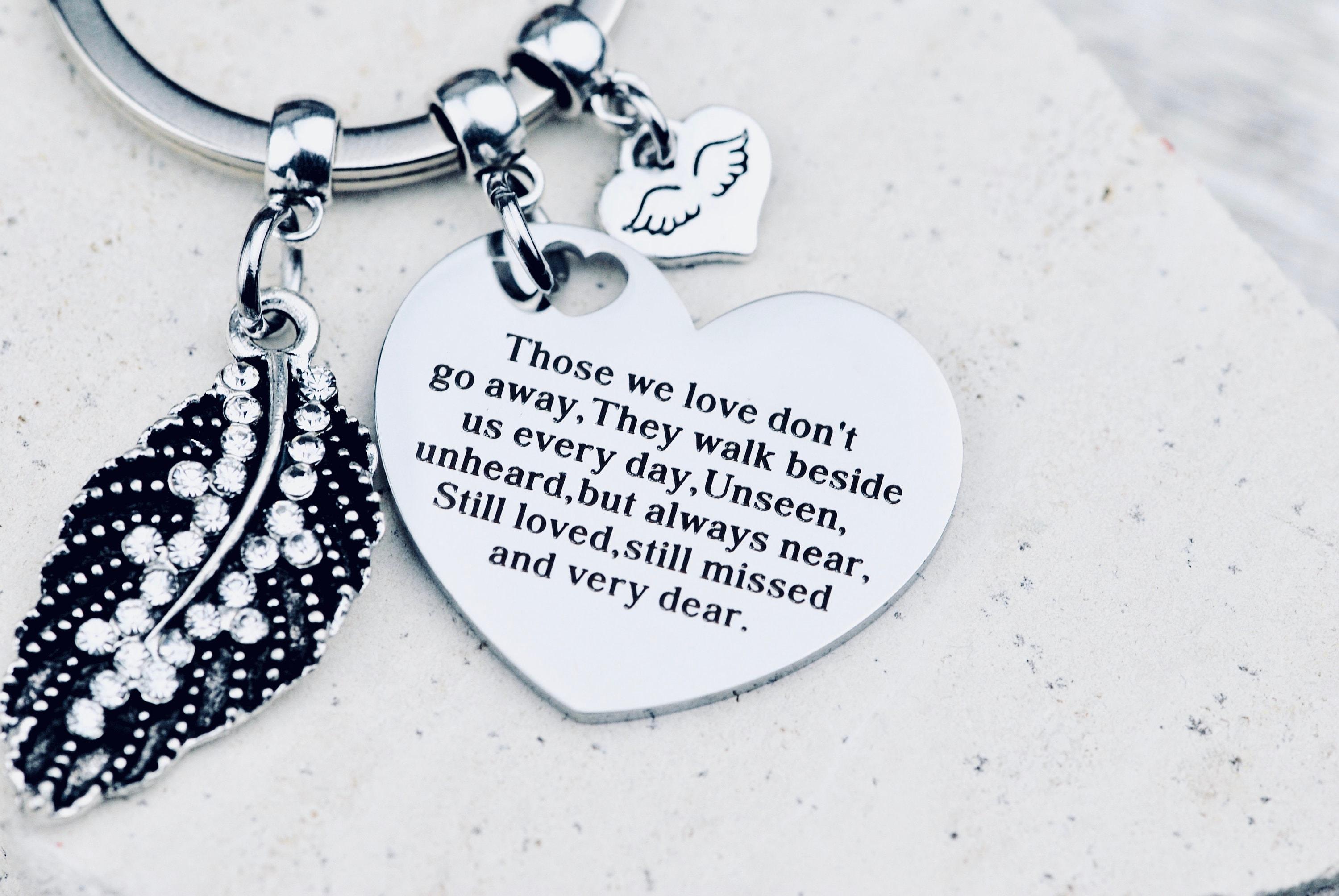 Memorial Keychain: Engraved Heart Charm, Rhinestone Leaf - Etsy