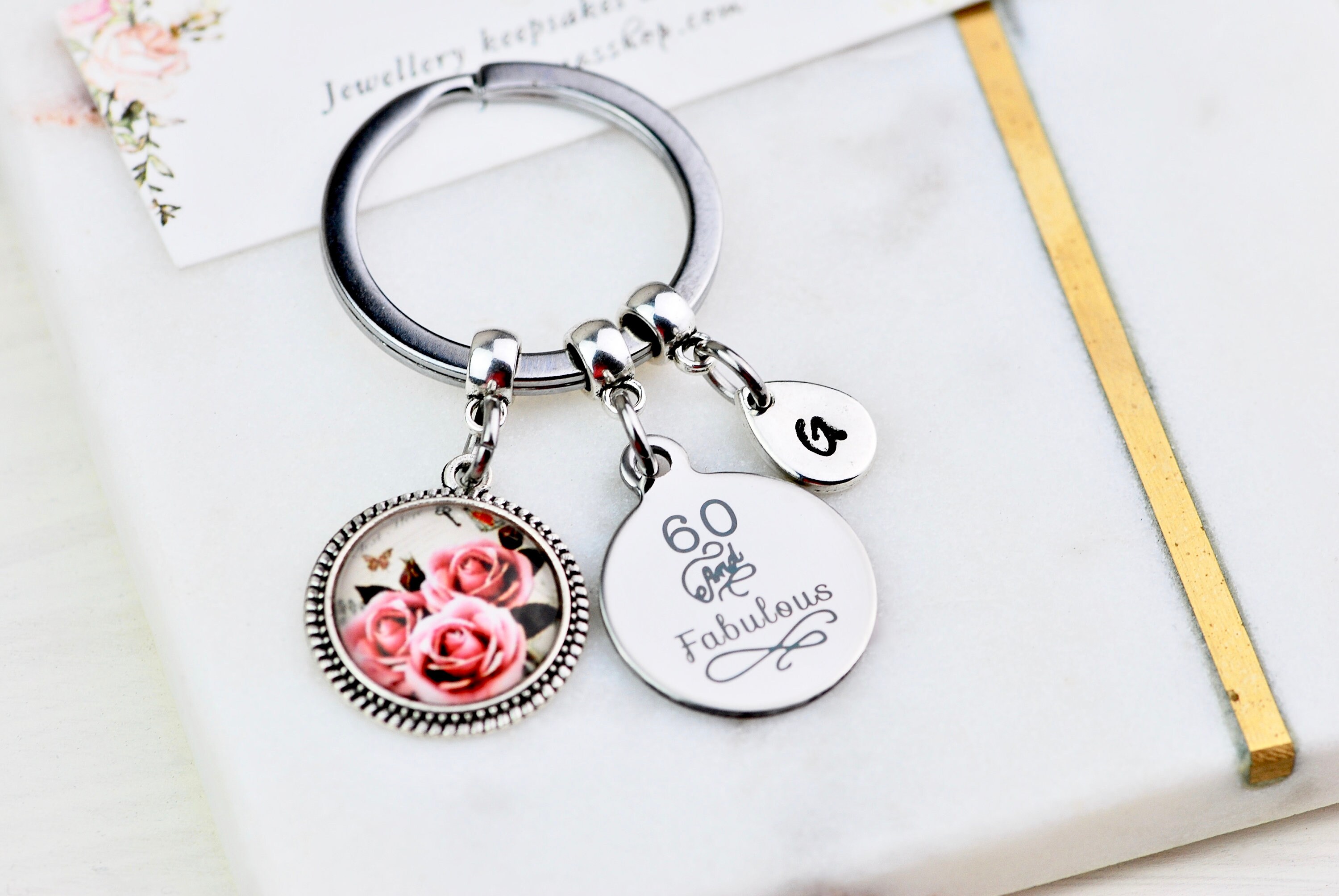60th Birthday Keychain: Floral Cabochon, Personalized Initial Charm ...