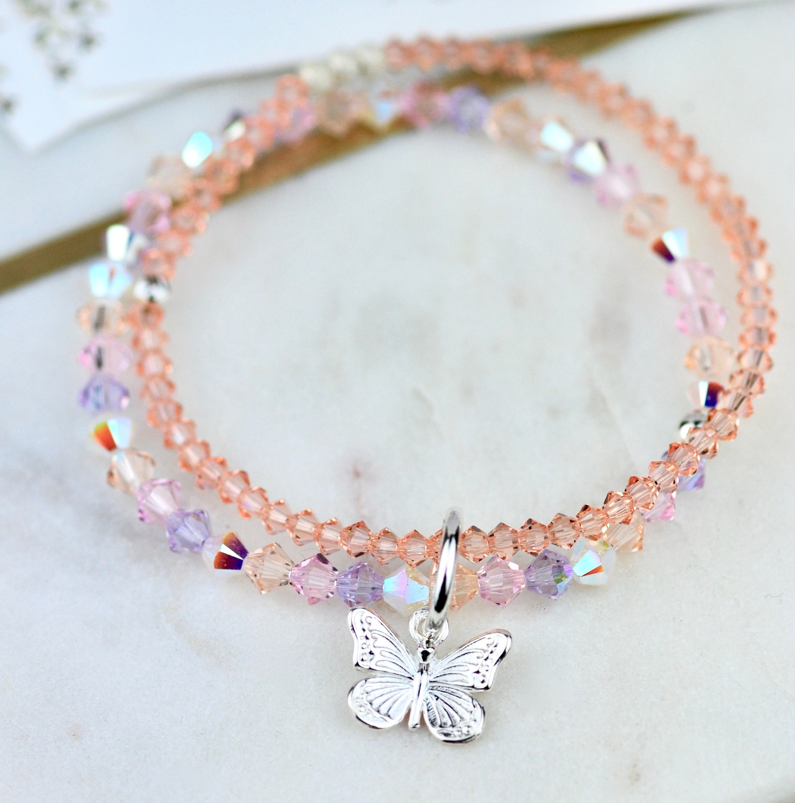 Girl Butterfly and Swarovski Crystals Bracelet Sterling Silver Double Bracelet for Girls