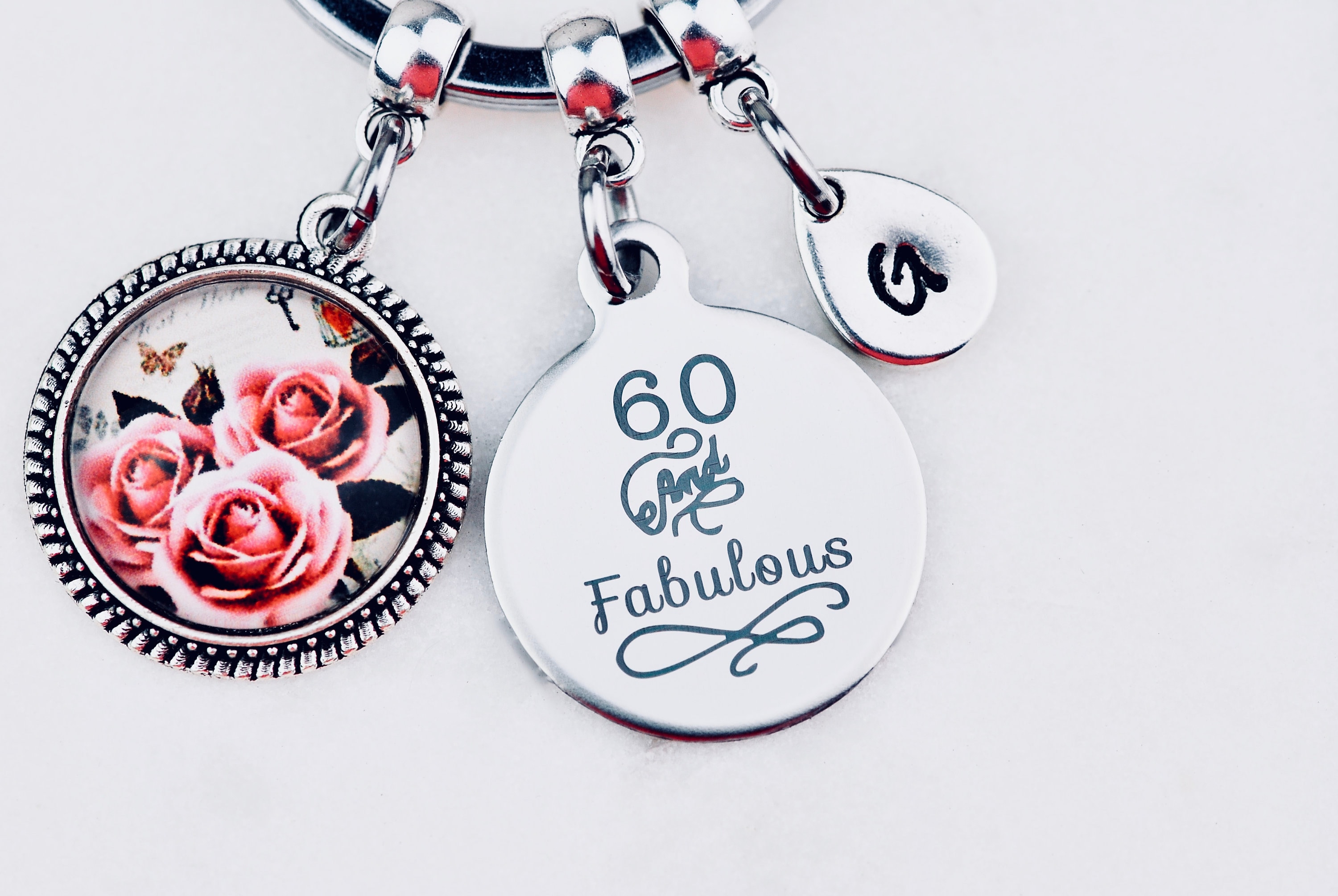 60th Birthday Keychain: Floral Cabochon, Personalized Initial Charm ...