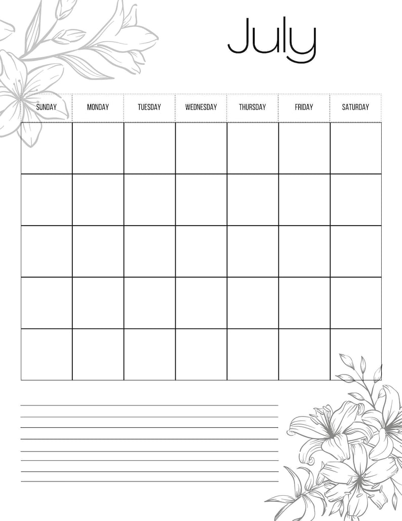 Floral Monthly Calendar Blank Calendar Digital Download - Etsy