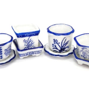 Dollhouse Miniature Set of 4 Blue and White Ceramic Flower Pots With ...
