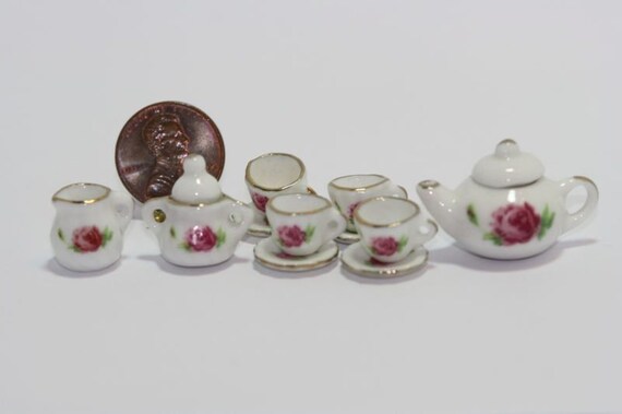 Dollhouse Miniature Tea Set With a Single Pink Rose - Etsy