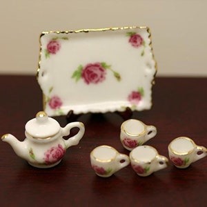 Dollhouse Miniature Pink Roses Design Tea Pot & Cups on Tray - Etsy