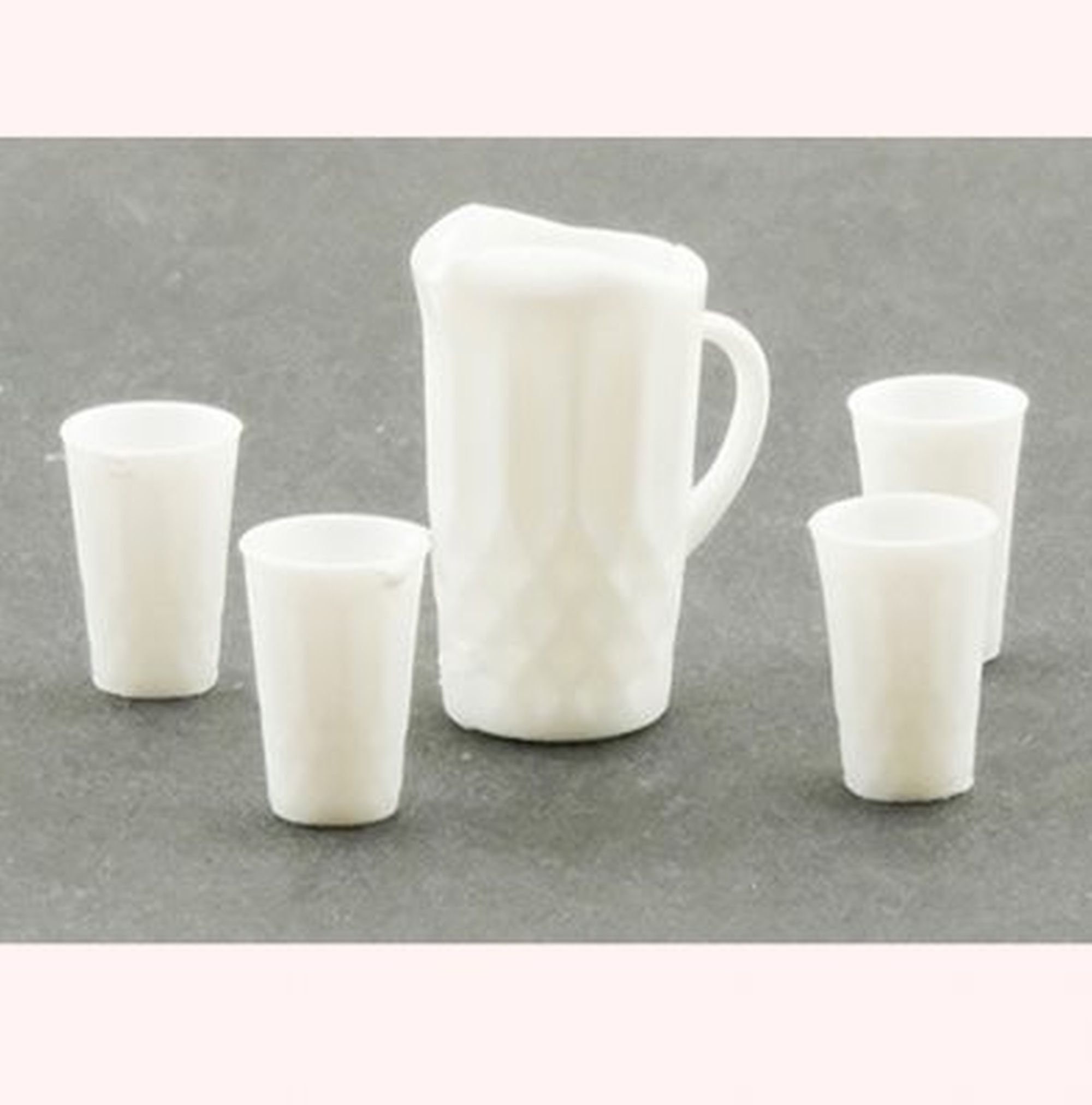 Dollhouse Miniature White Milk Glass Look Pitcher and 4 Glasses Kit by ...
