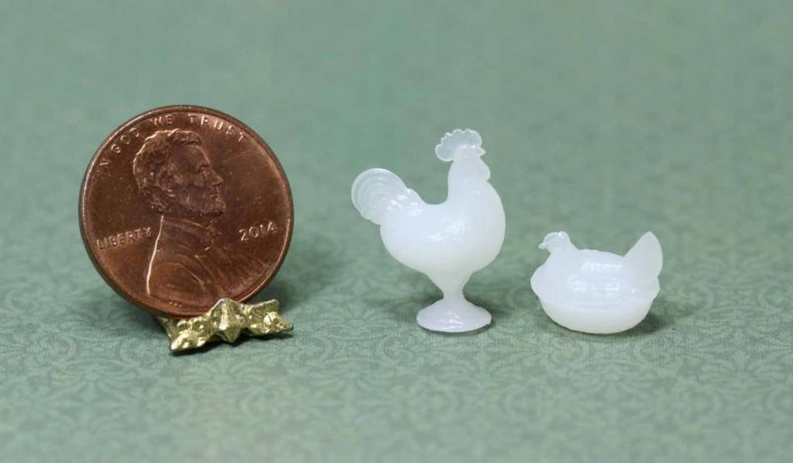 Dollhouse Miniature Chrysnbon Rooster and Nesting Hen in White | Etsy