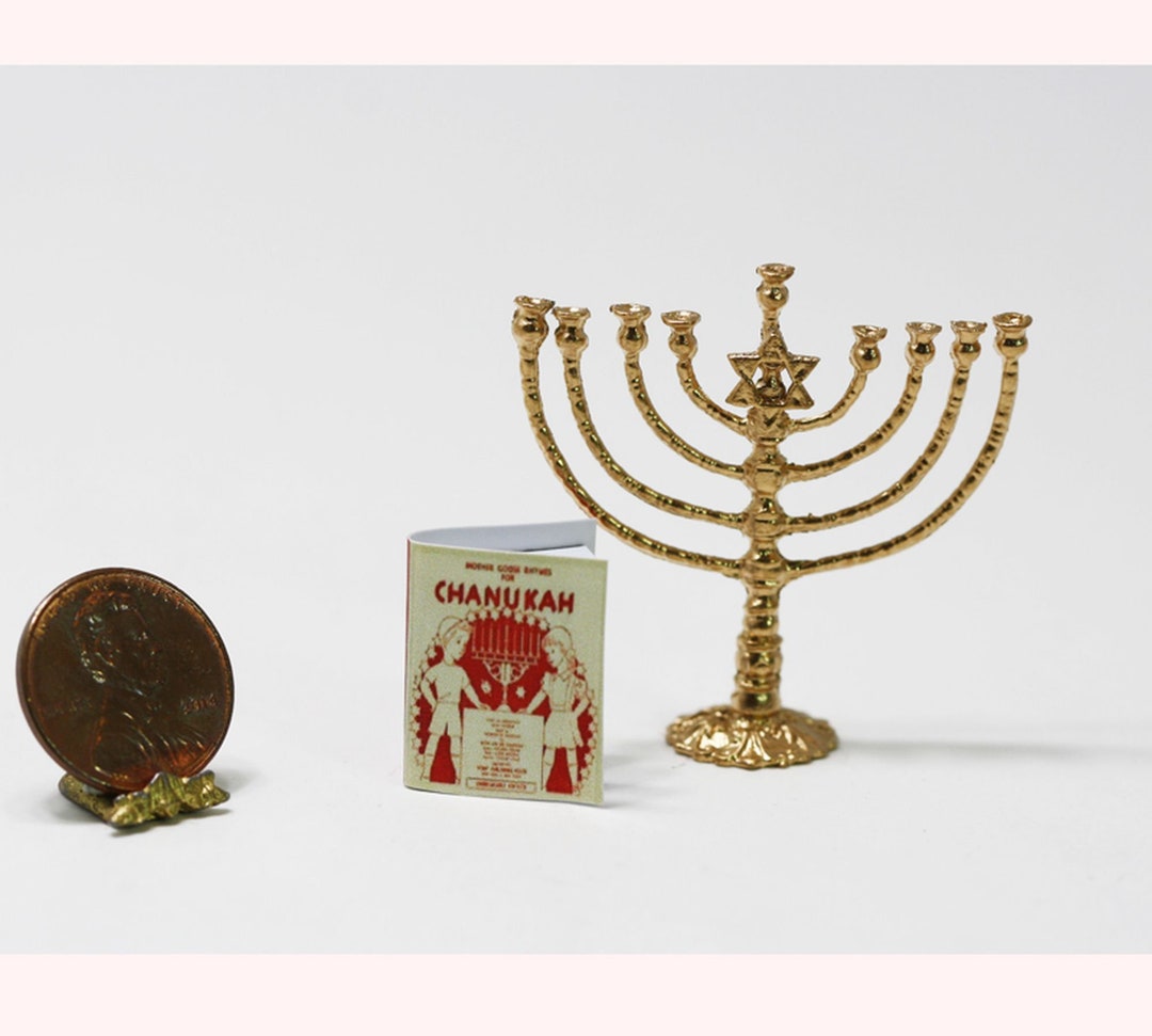 Dollhouse Miniature Artisan Large Gold Jewish Chanukah Menorah With ...