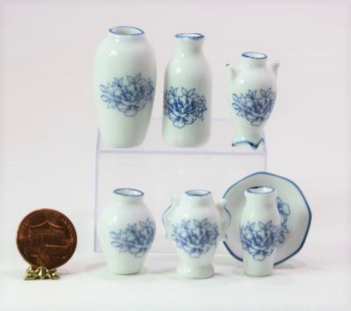 Dollhouse Miniature Set of 6 Large Blue and White Ceramic - Etsy