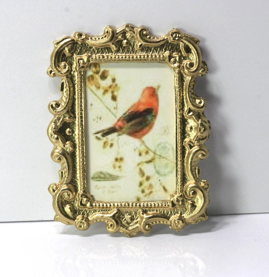 Dollhouse Miniature Art – Red Bird Print, Gold Victorian Frame - Etsy