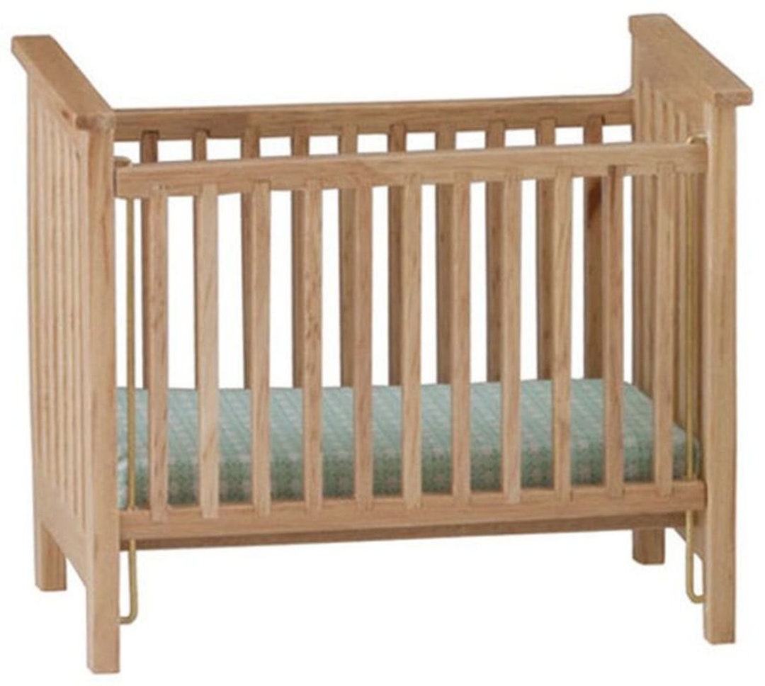 Dollhouse Miniature Slatted Nursery Crib in Oak With Blue Fabric by ...