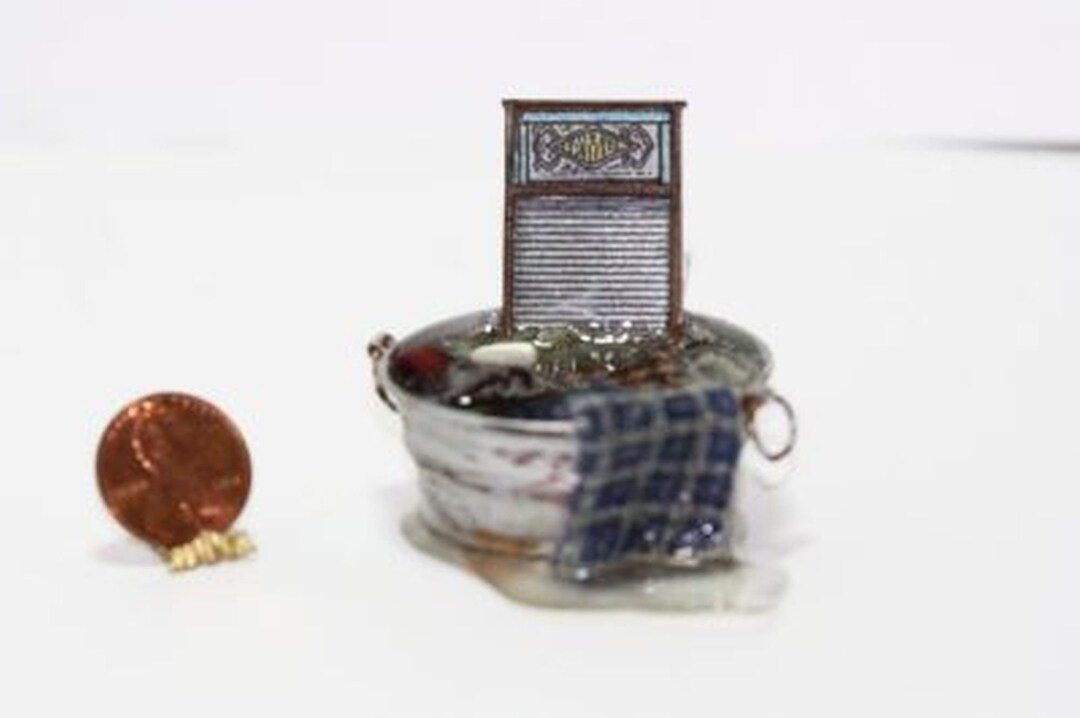 Dollhouse Miniature Rustic Cleaning Tub With Scrubbing Board, Clothes ...
