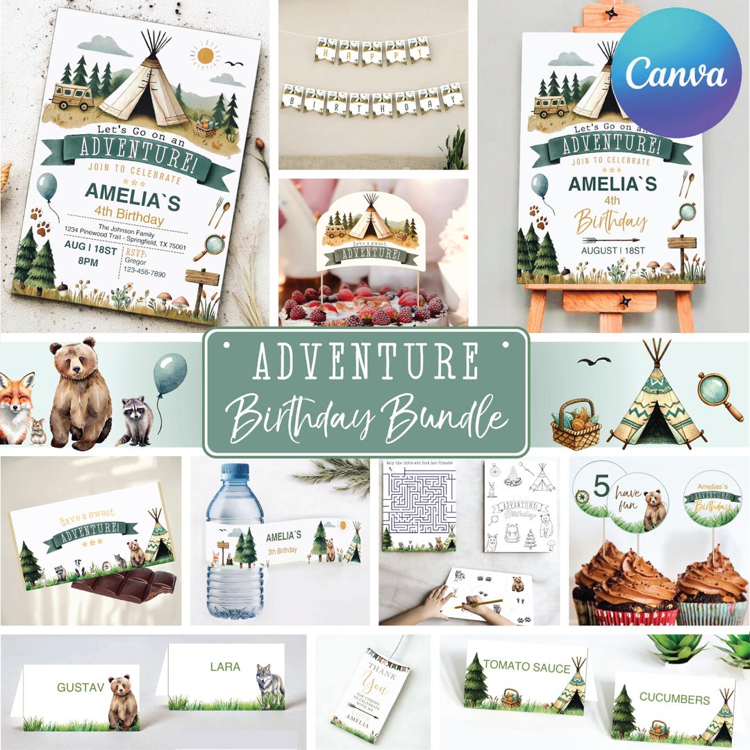Adventure Birthday Party Bundle | Canva Editable Invitation ...