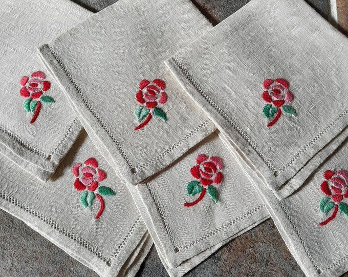 Lovely Set of 6 Small Vintage Floral Napkins Vintage French Cotton Hand ...