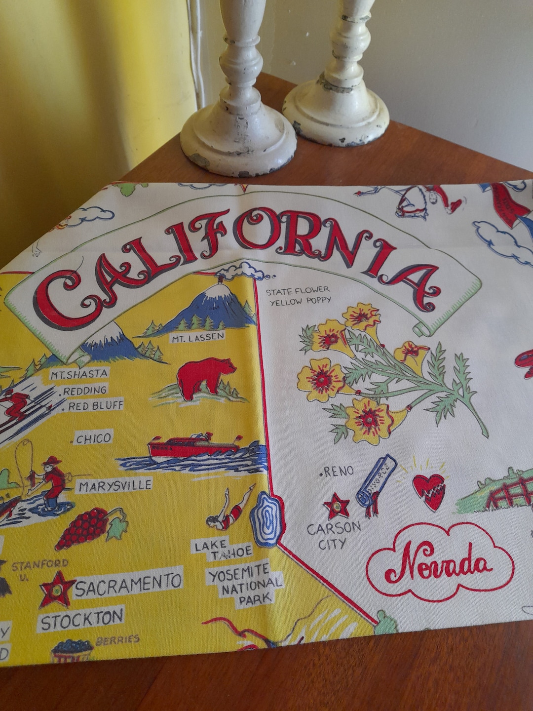 California, Vintage Tablecloth, Map and Place Motifs, City Scenes ...