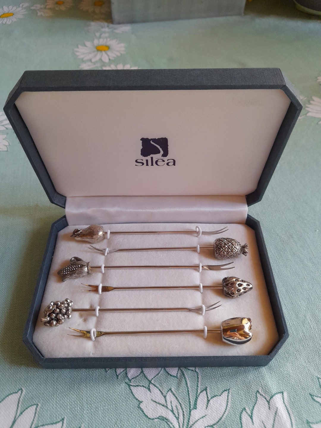 Boxed Set of Six Picks, Lovely Set of French Silea Silvered Metal ...