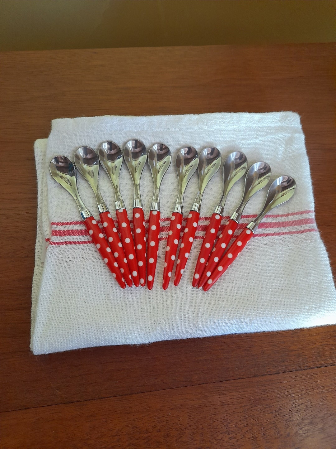 Ten Little Red and White Dotty Moka Spoons - Vintage Set of 10 Small ...