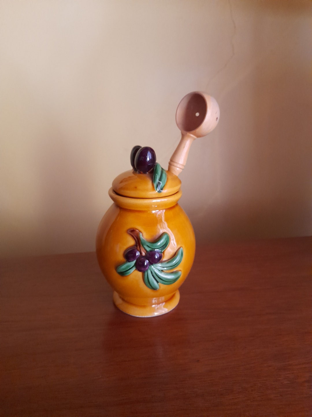 Pretty Vallauris Glazed Pottery Olive Pot and Olive Spoon - A. FERLAY ...