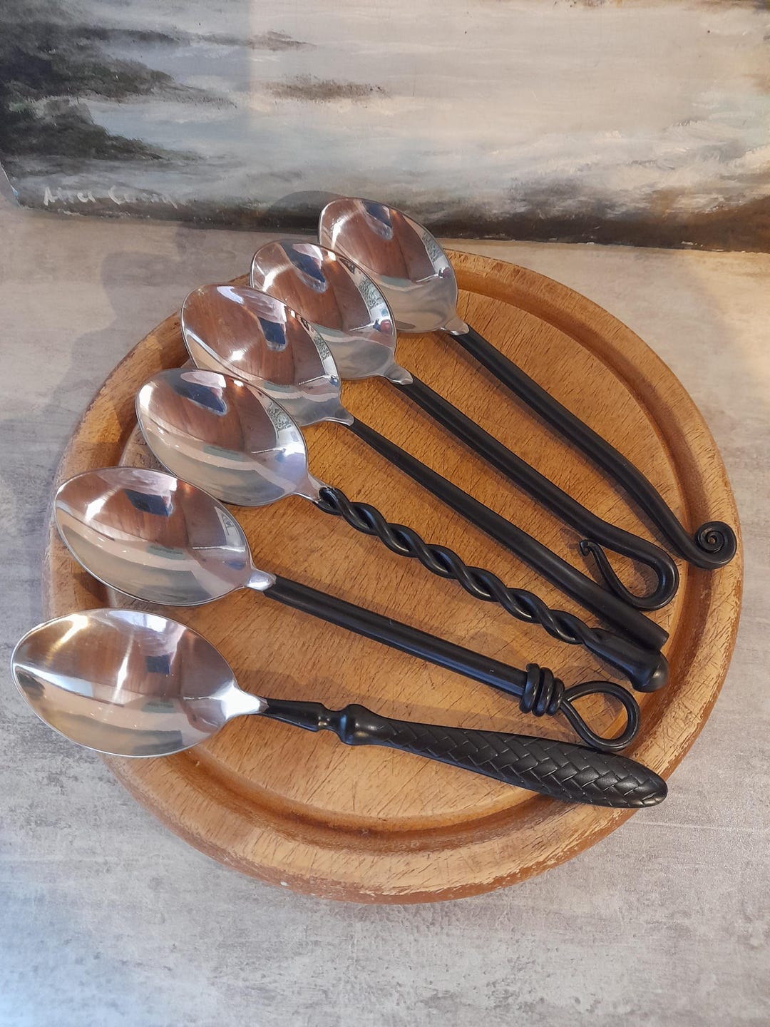 Six Dessert Spoons - French Cutlery - Metal, Pretty Handle Designs ...