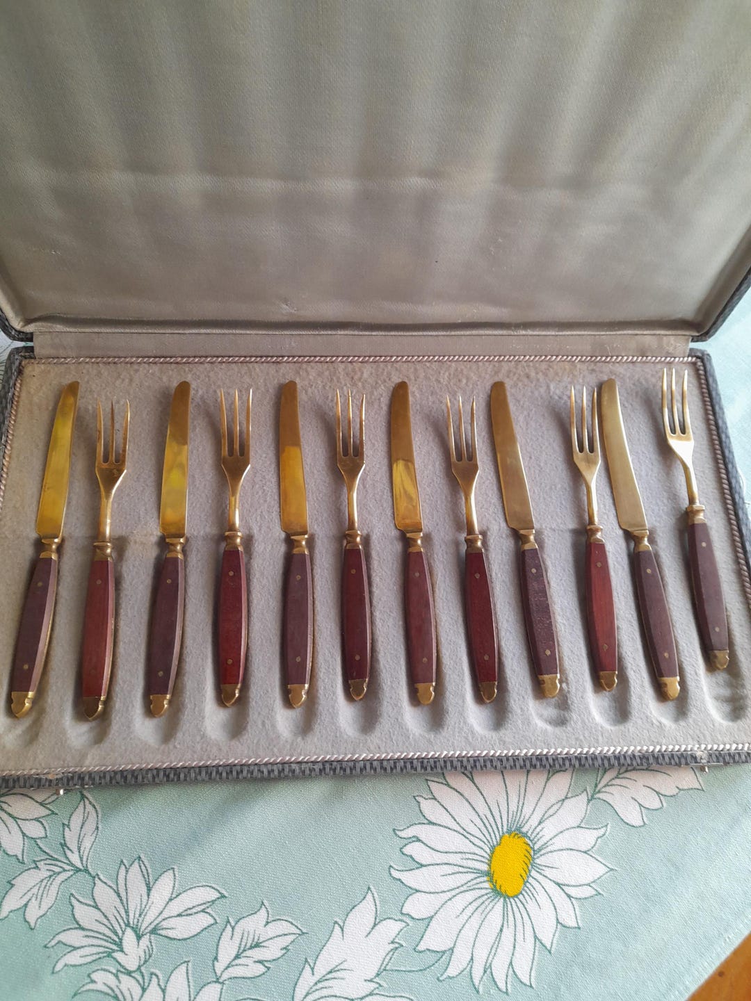 Boxed Vintage Set of Six Small Dessert Knives and Forks, Bronze and ...