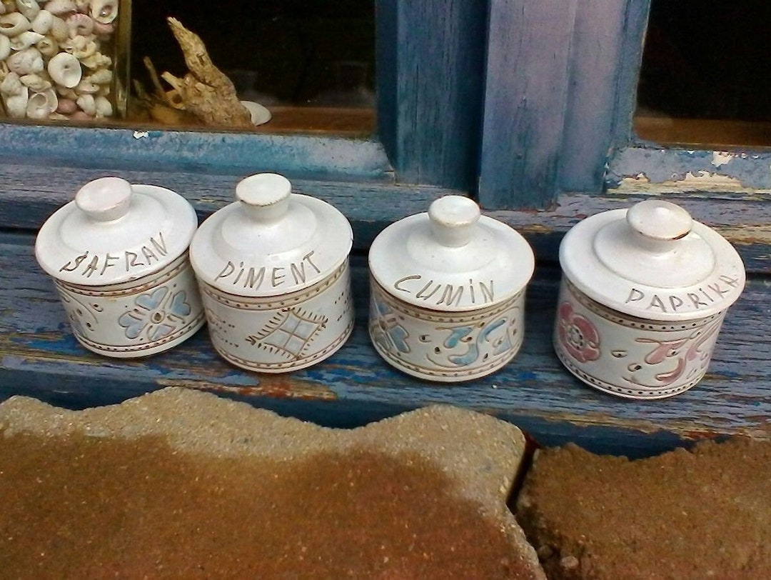 Spice Jars - Lovely Glazed Set of 4 Pottery Spice Pots - Vintage Lidded ...