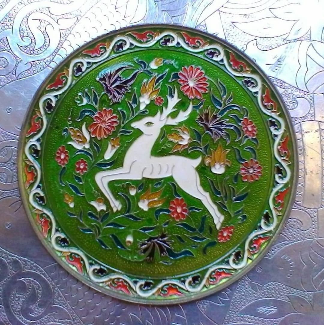 Leaping Stag - 19.5 Cm Diameter - Pretty Small Vintage Brass and Enamel ...