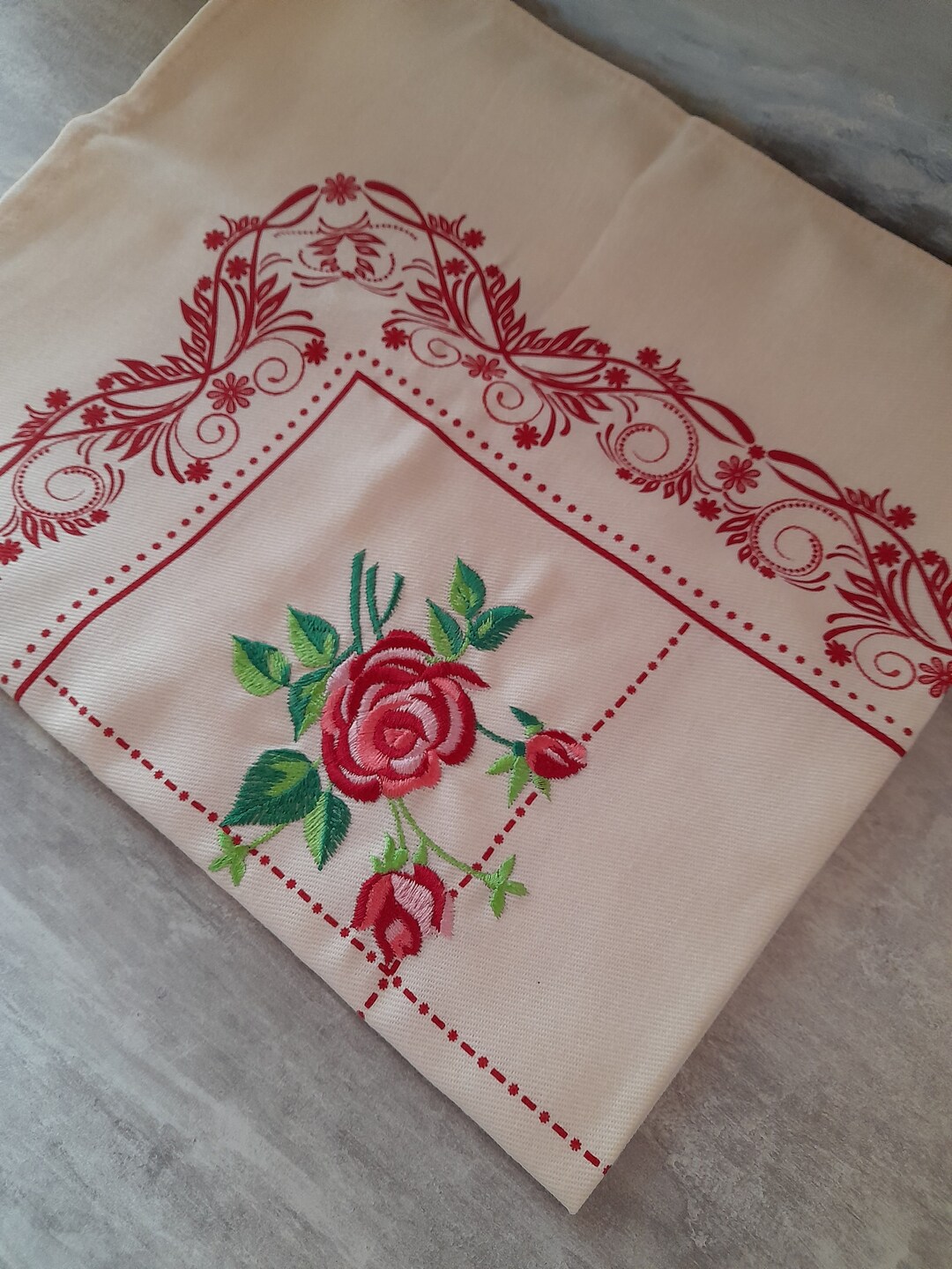 Beige and Red French Cotton Machine Embroidered Table Topper/small ...