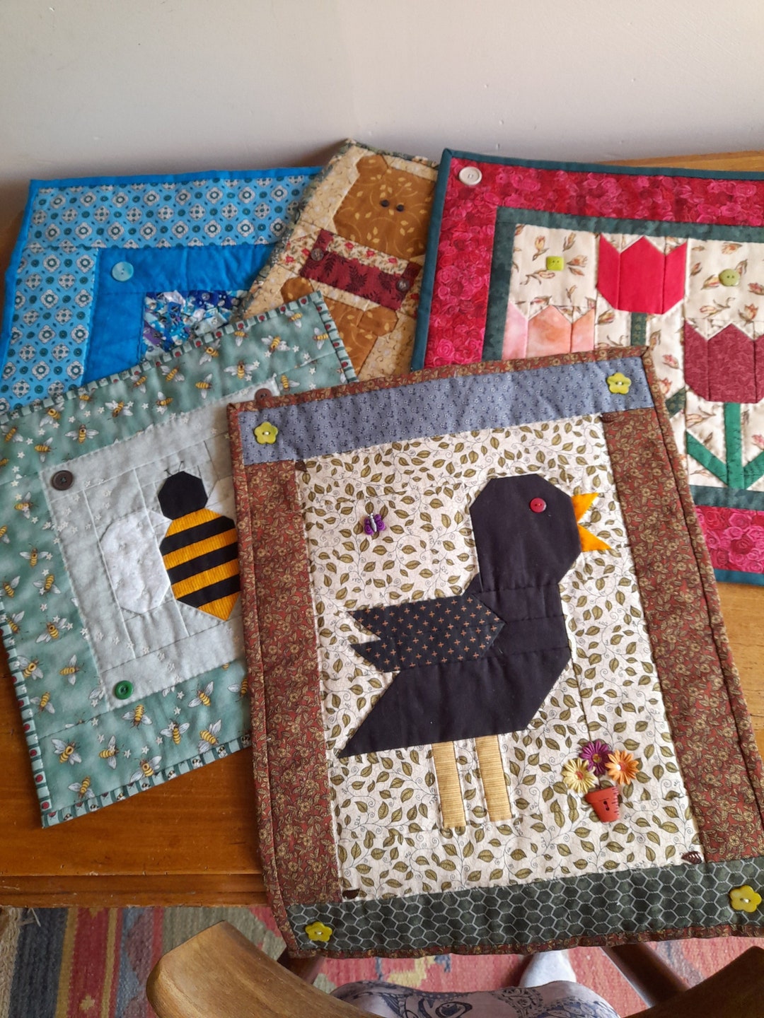 Five Small Hand-sewn Patchwork Wall Quilts/table Mats - Etsy