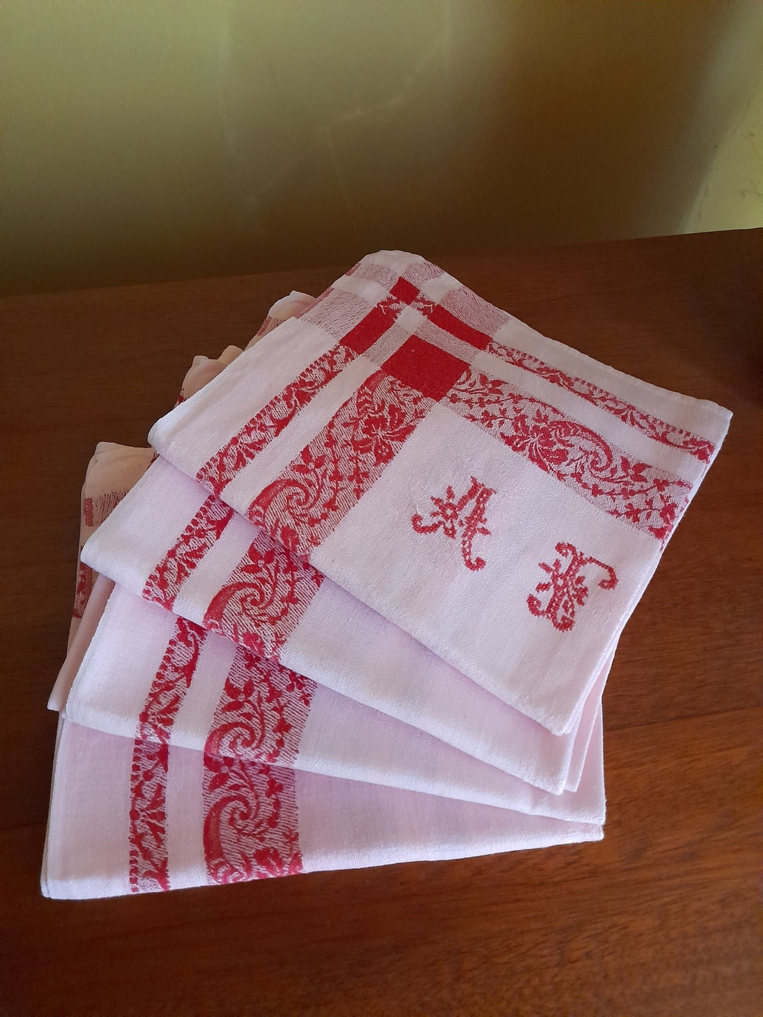 Lovely Set of 4 French Large Vintage Napkins Serviettes De Table in Red ...