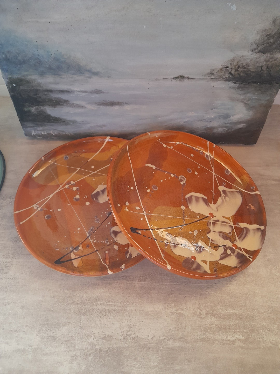 Two Terracotta Plates - Hand Painted Terracotta Tea or Dessert Plates ...