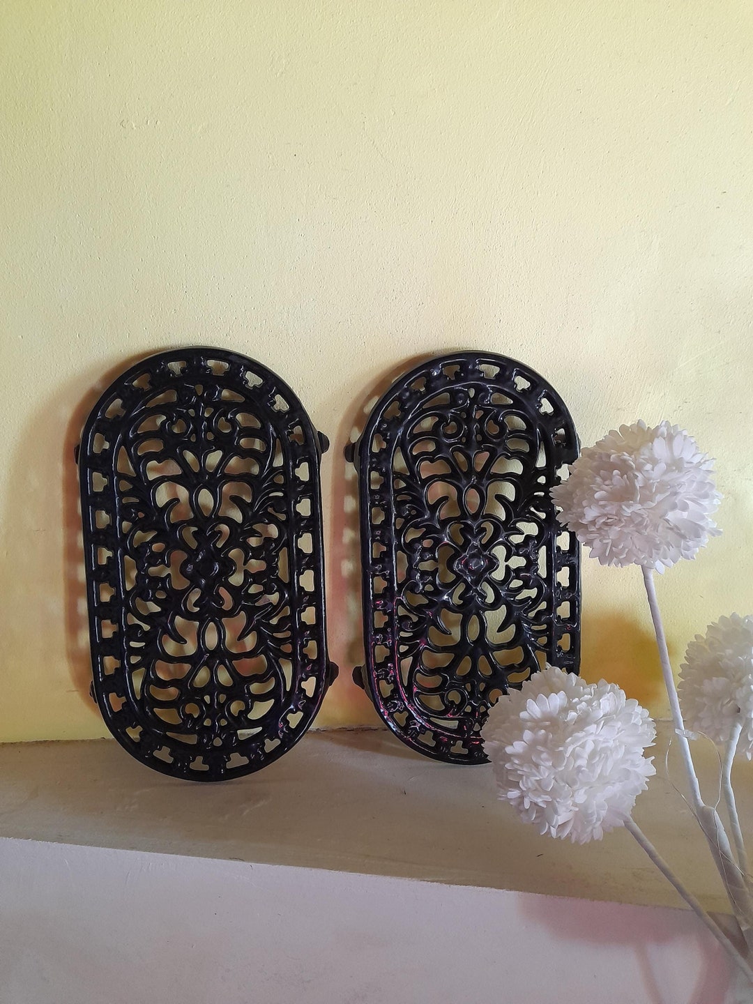 Two Black Enamel Trivets in Cast Iron - Vintage French Decorative Stand ...