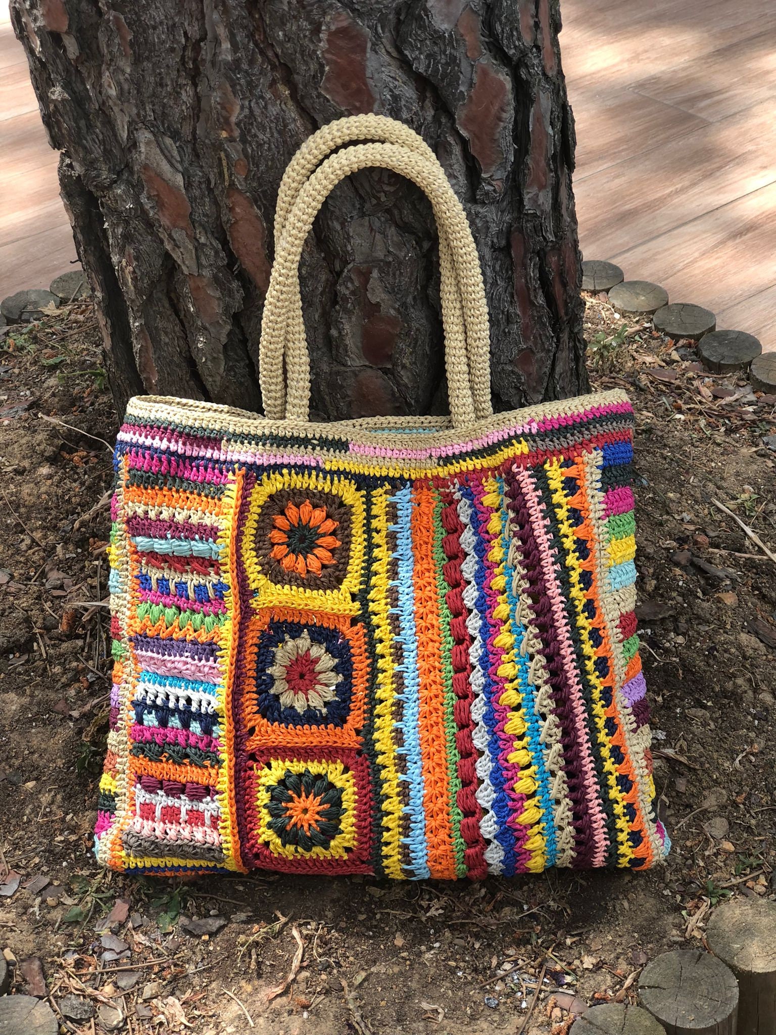 Boho Crochet Bag Pattern, DIY Granny Square Tote, Colorful Crochet ...