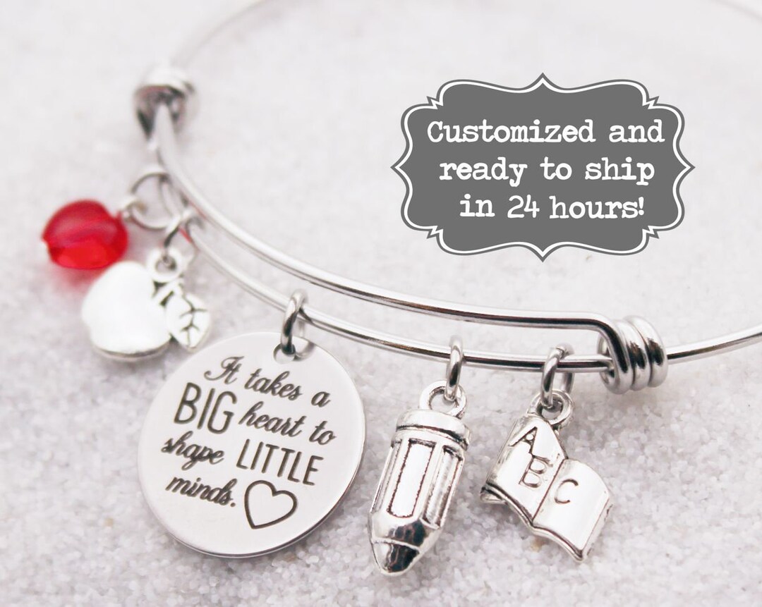 Teacher Charm Bracelet: Custom Name Engraved Bangle, End of Year Gift ...