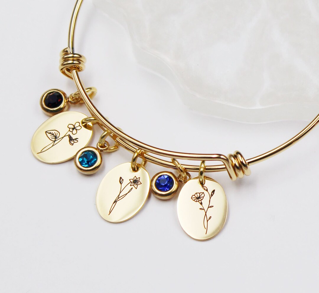 Birth Flower Bracelet: Gold Stainless Steel Bangle, Birthstone Charm - Etsy