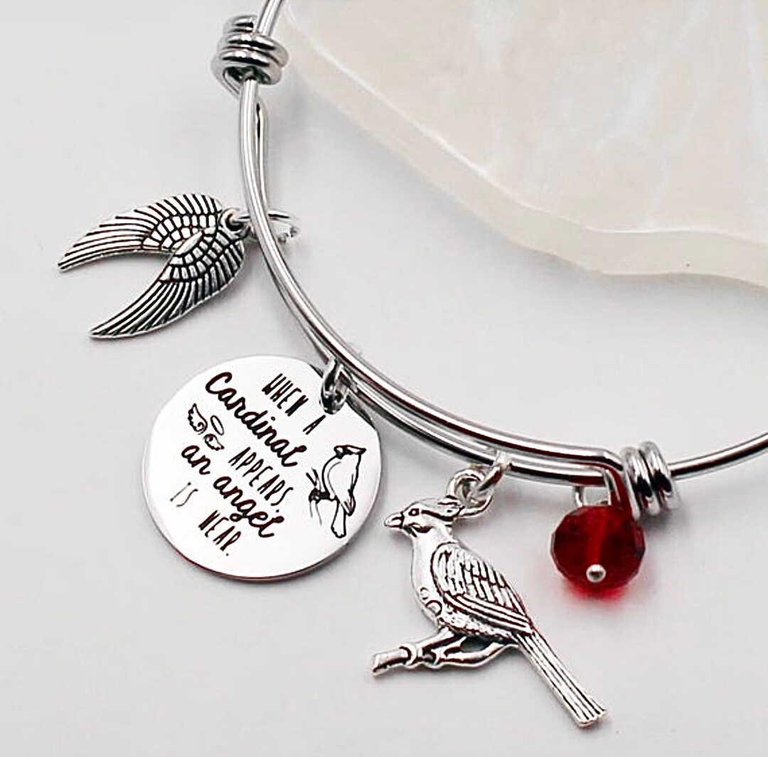 Cardinal Angel Bangle Bracelet: Memorial Loss Gift, Custom Name Charm ...