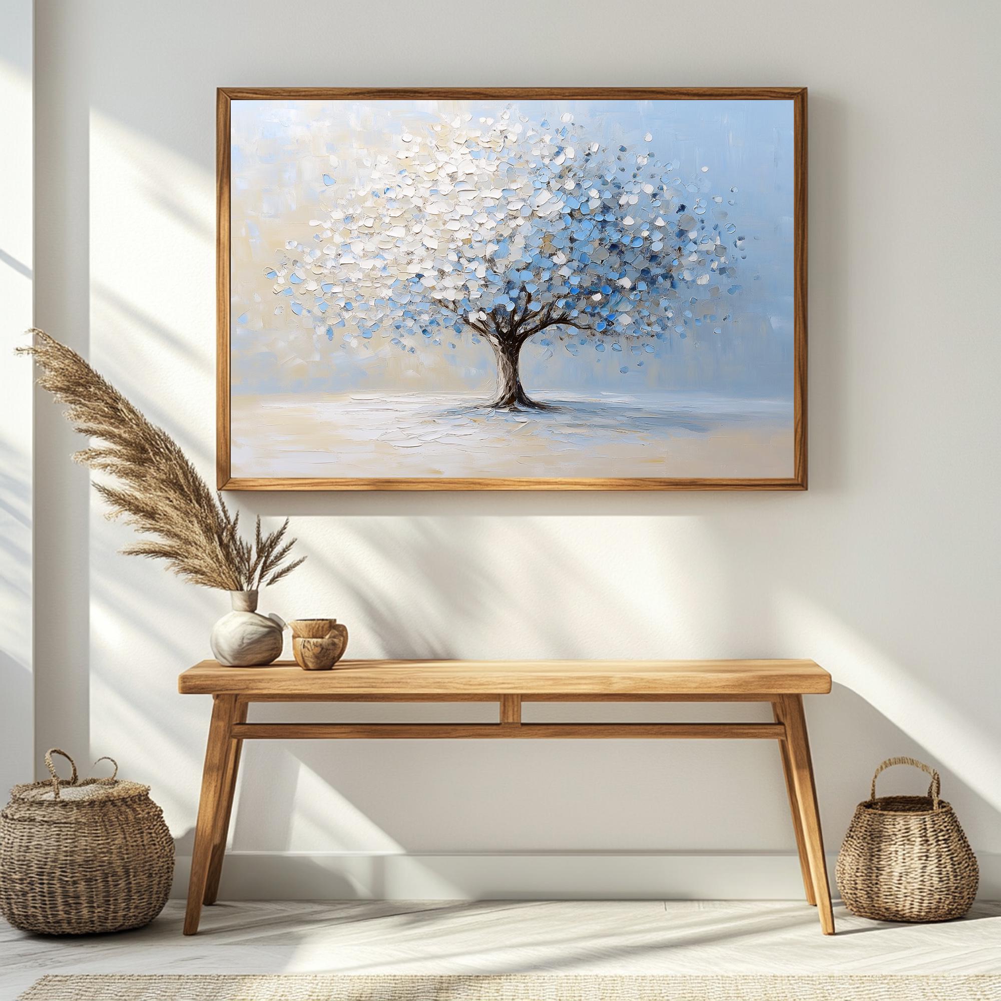 Light Blue Abstract Tree Art Print, Textured Horizontal Wall Art ...