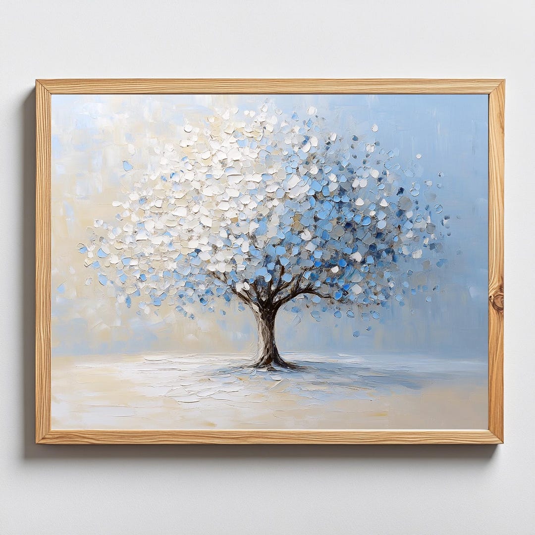Light Blue Abstract Tree Art Print, Textured Horizontal Wall Art ...