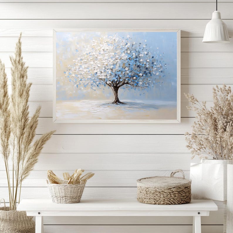 Light Blue Abstract Tree Art Print, Textured Horizontal Wall Art ...