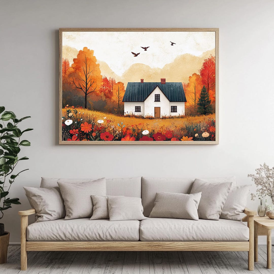 Cozy Fall Printable Wall Art, Cozy Autumn House With Orange Trees ...