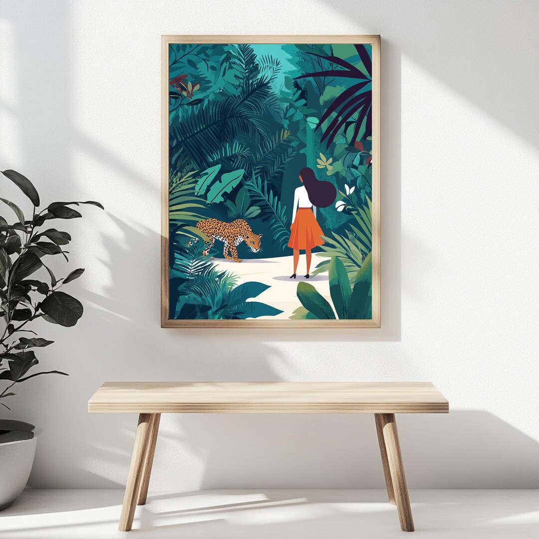 Vibrant Tropical Jungle Art, Woman and Leopard Print, Instant Download ...