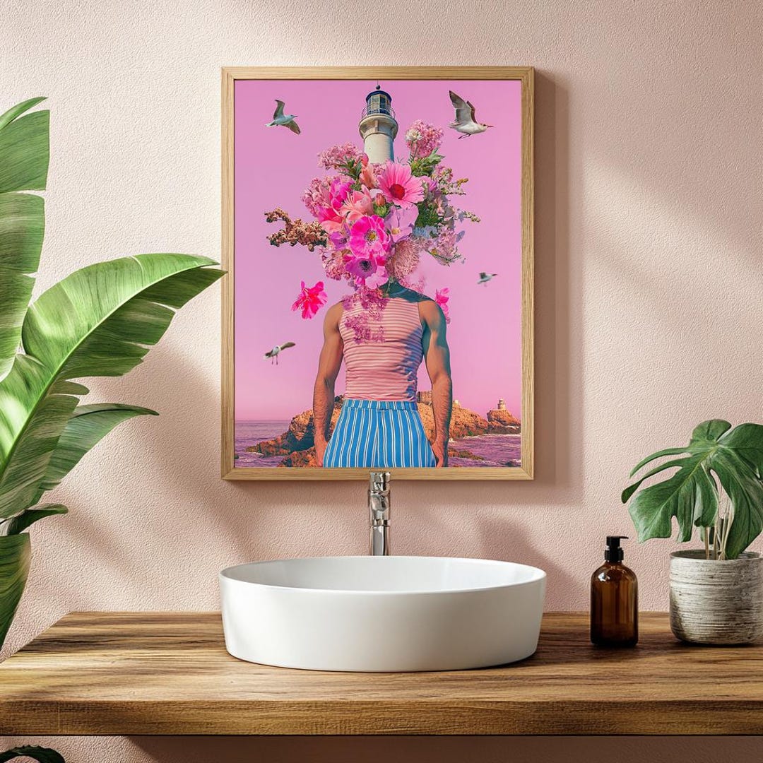 Pôster surrealista de farol – Arte com retrato floral – Decoração de ...