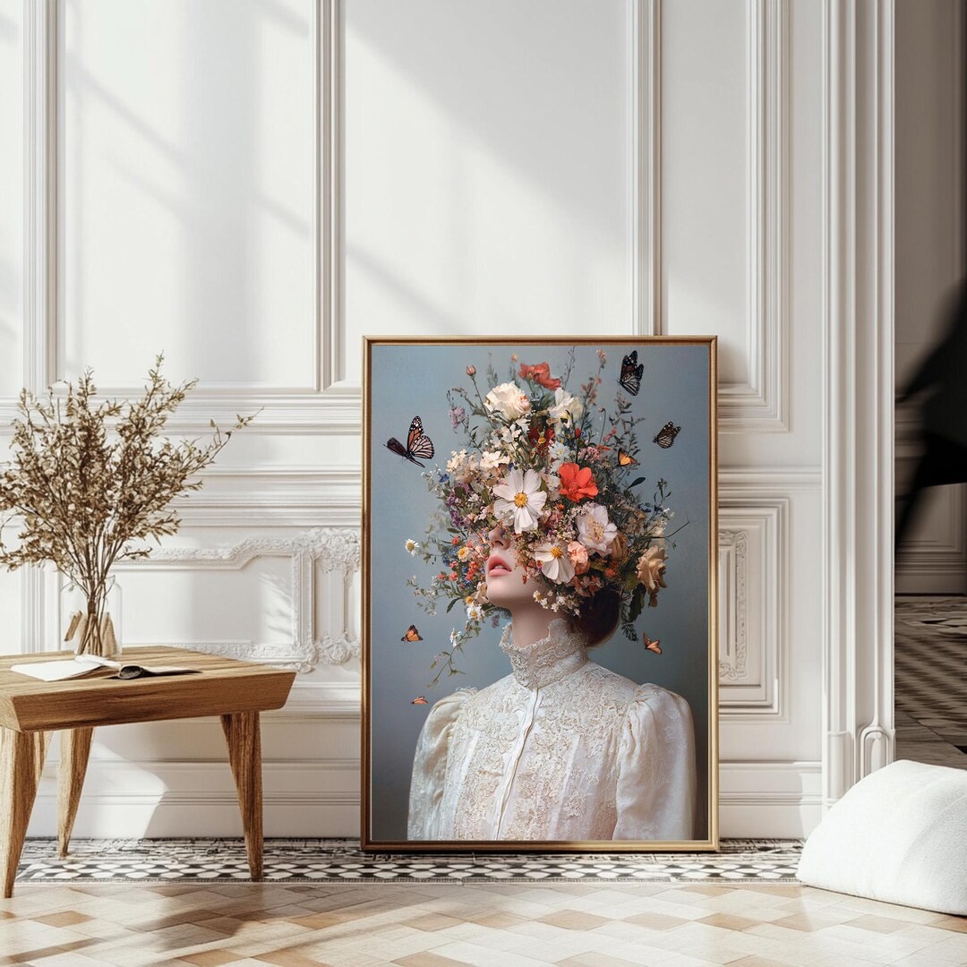 Floral Woman Art Print: White Flower Head Portrait (20x30 Inches ...