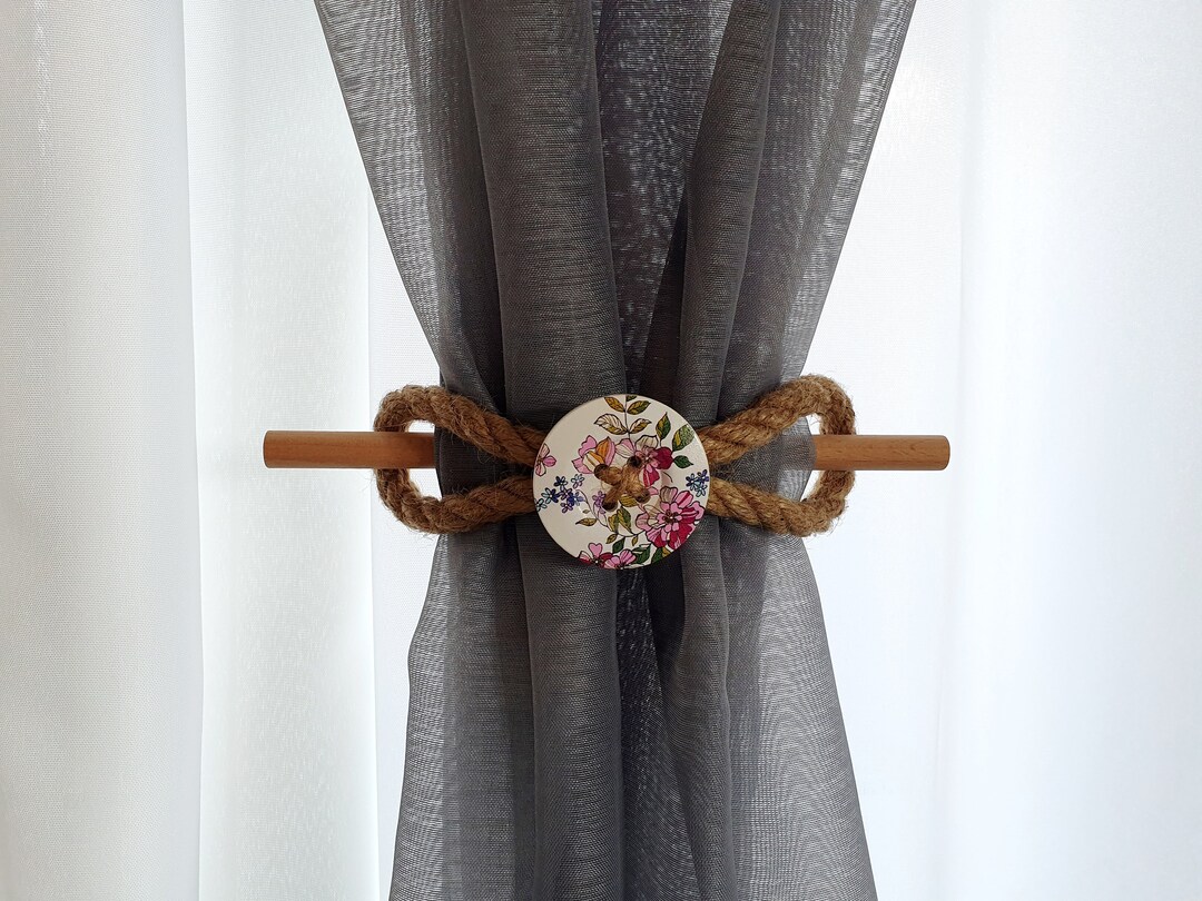 Curtain Tieback Button With Ornament Natural Jute Rope Wood Pin Shabby ...
