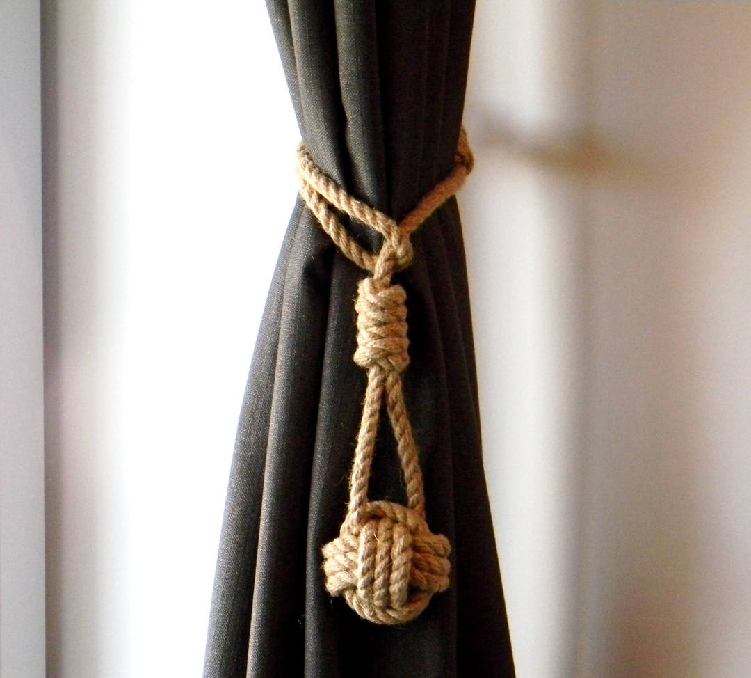 Monkey Fist Knot Curtain Tiebacks Shabby Chic Windows Jute Rope Curtain ...