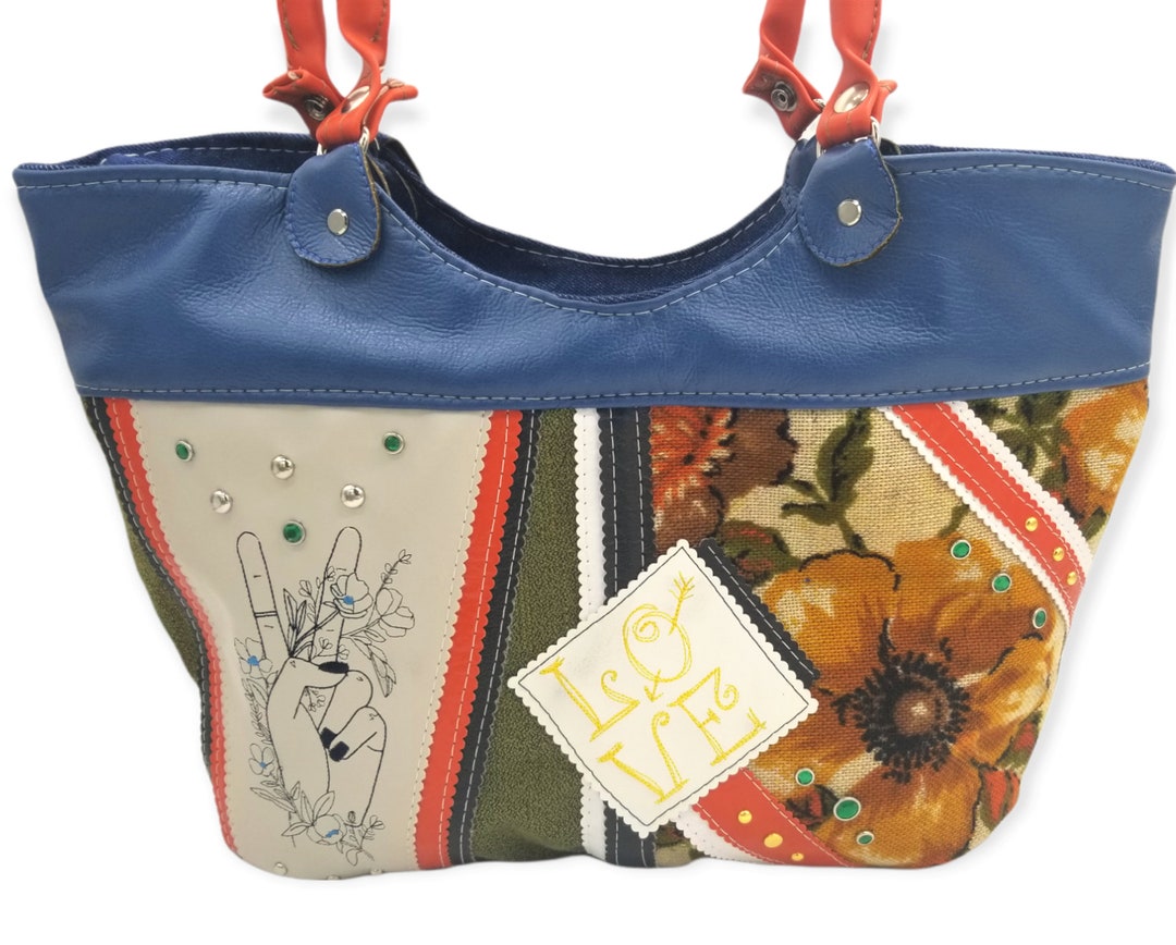 Retro Peace Sign LOVE Hippie Denim XL Upcycled Embroidered Extra Large ...